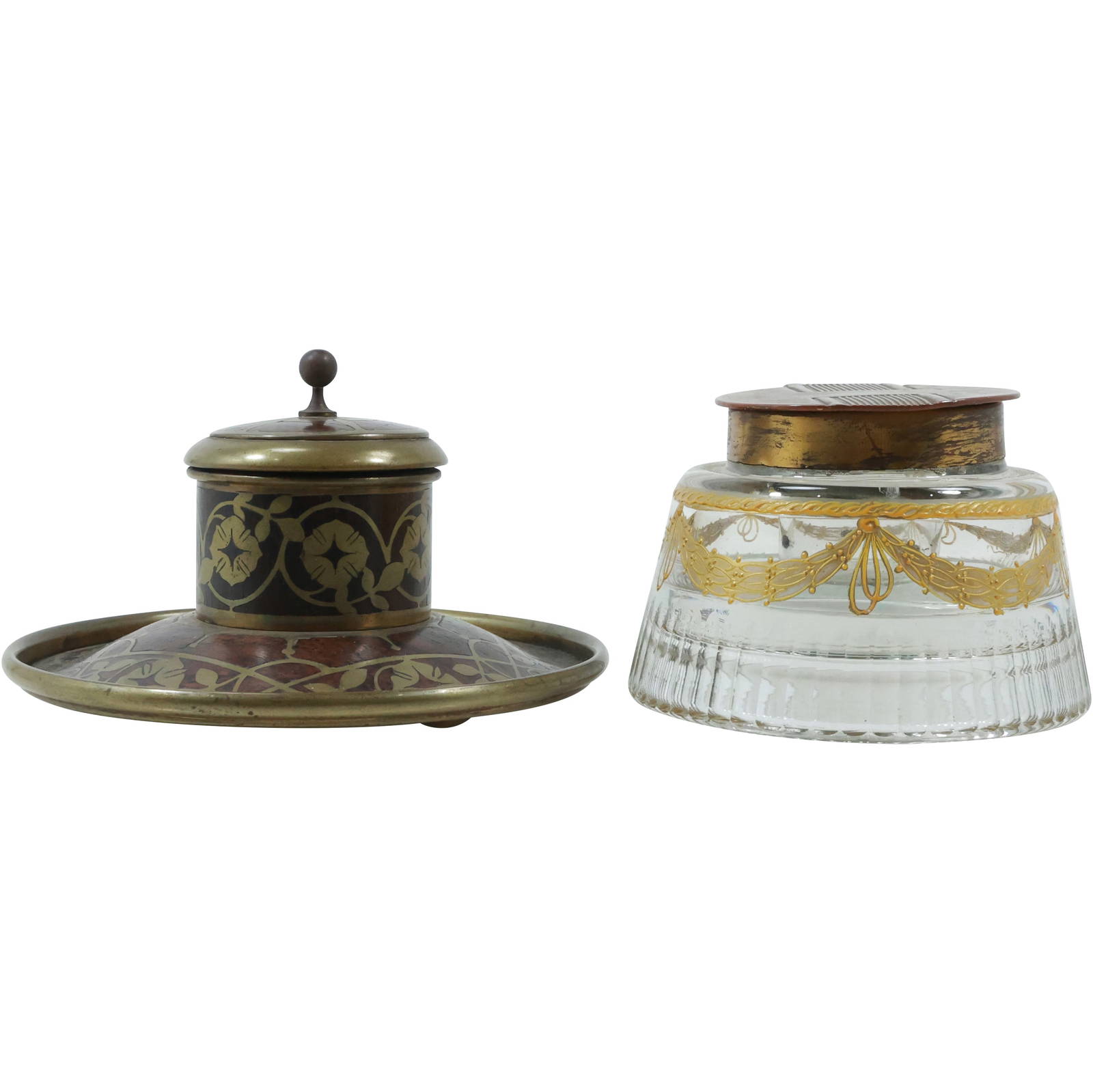 2 19th C. Single Desk Top Inkwells: Round All Over Brass Inlay & Brass ...