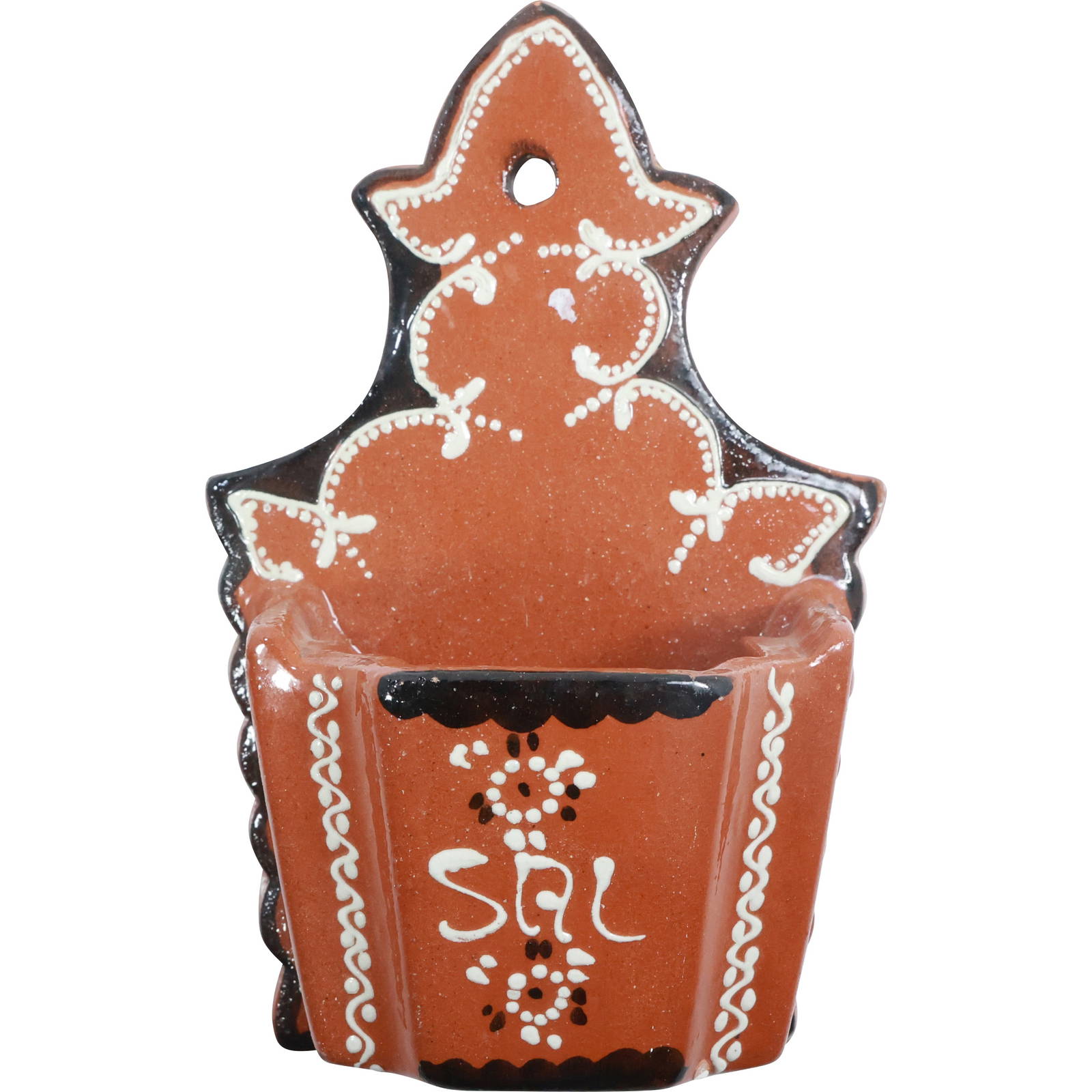 Decorated Redware Pottery Wall Mount Salt Box 9 In. X 6 In. X 4 In. Auction
