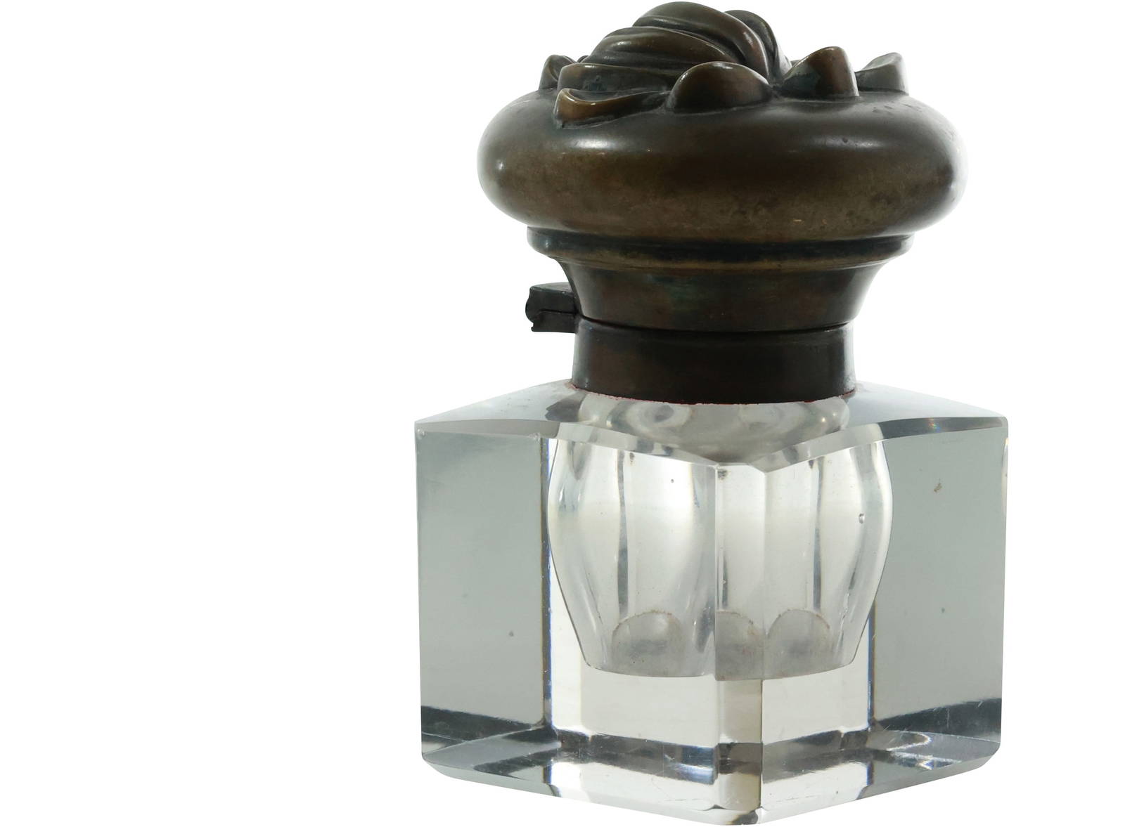Antique 19th C. Glass Inkwell With Brass Lily Pad / Lotus Top Cover Auction