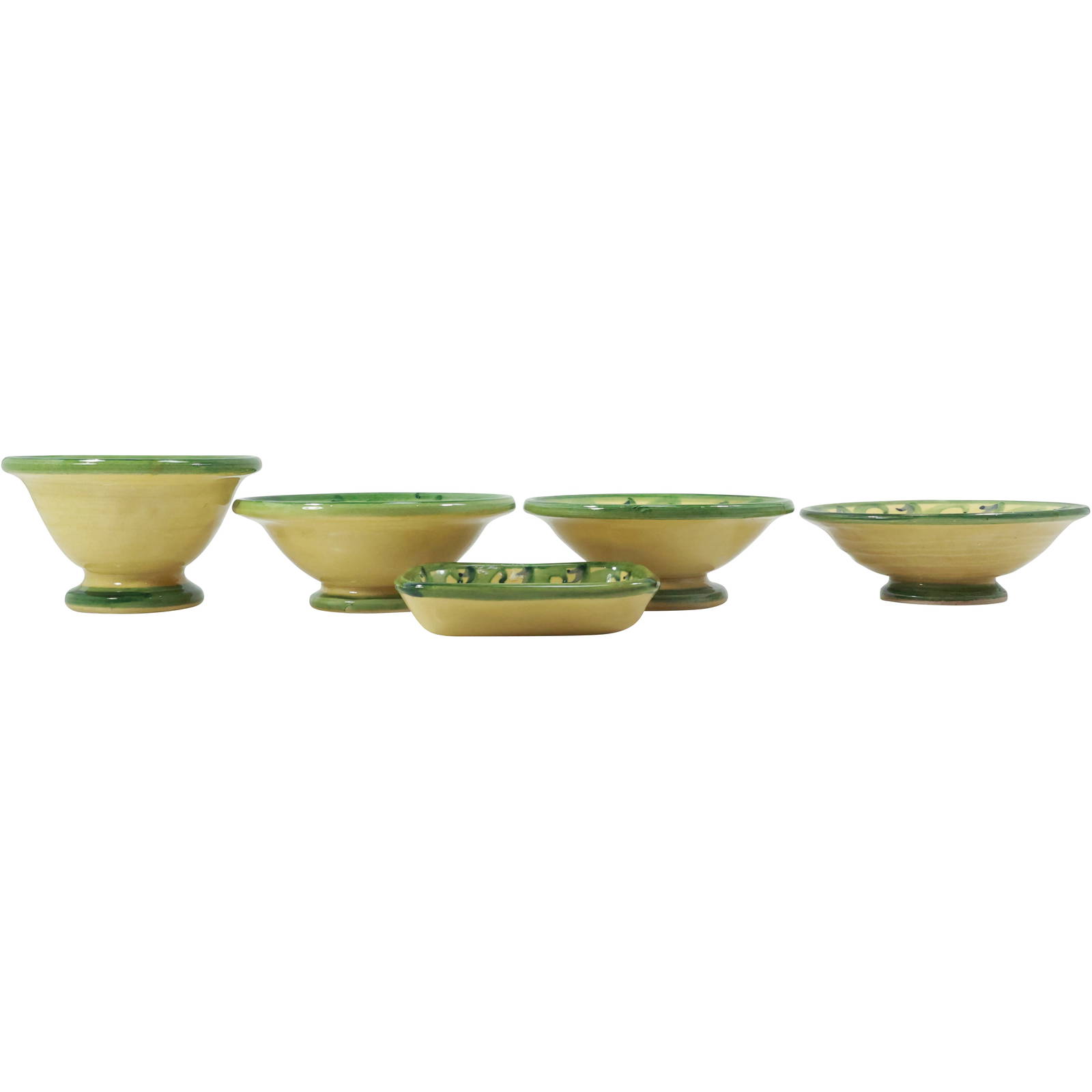 Set Of 5 Hand Painted Green And Yellow Pottery Bowls And Tray - Yellow ...