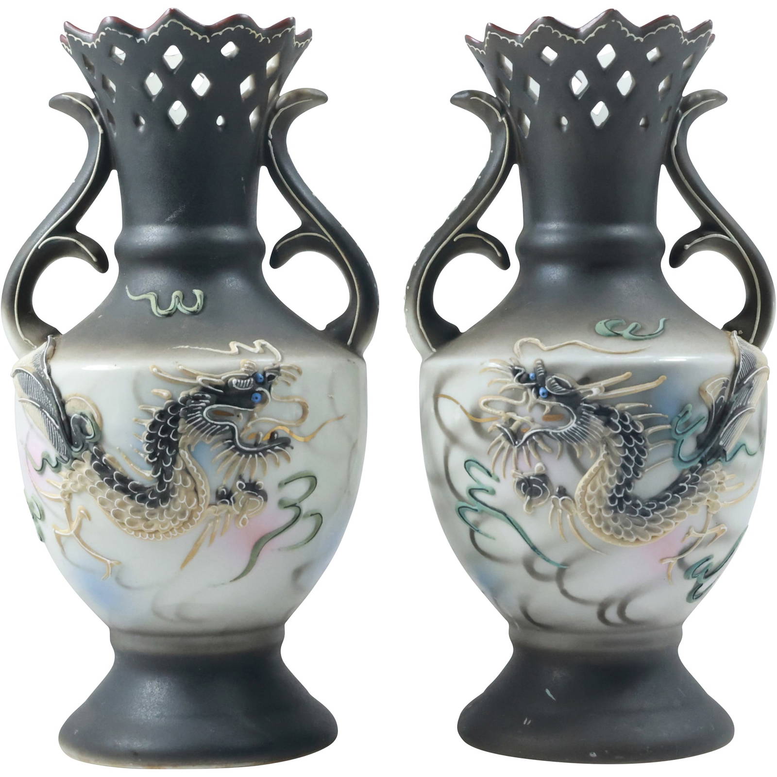 Pair Of Dragonware Japan Moriage Lithophane Reticulated Double Handle ...