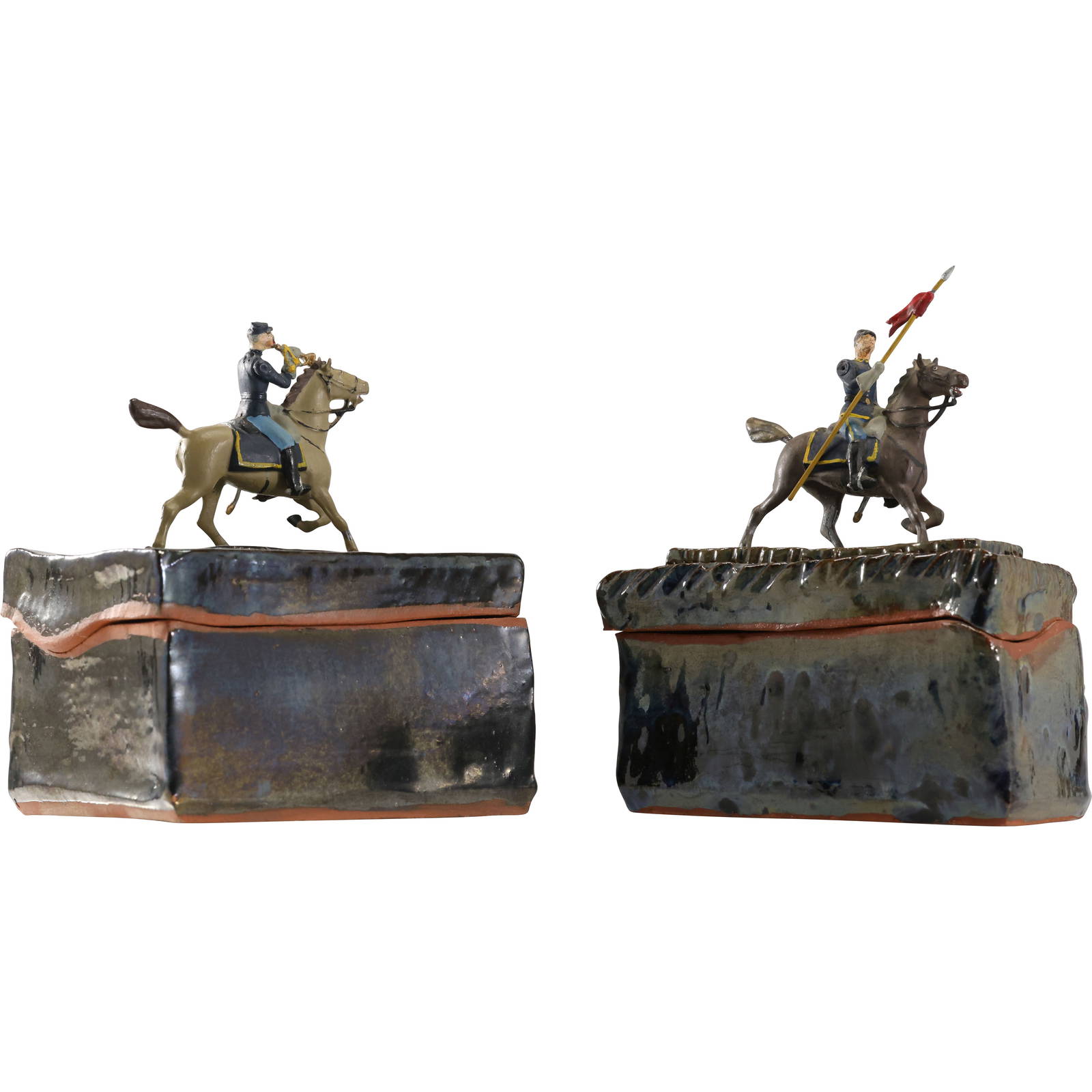 2 Redware Ceramic Boxes, Each Topped With A Mounted American Civil War ...