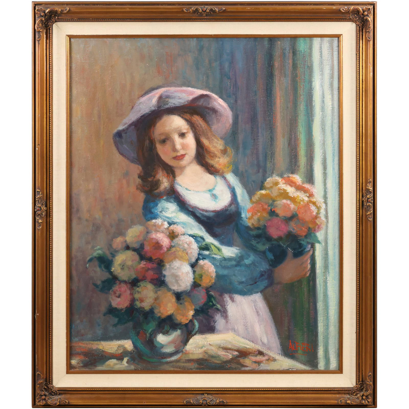 Philippe Alfieri (1921 - 2009), Oil On Canvas Painting Young Woman With ...