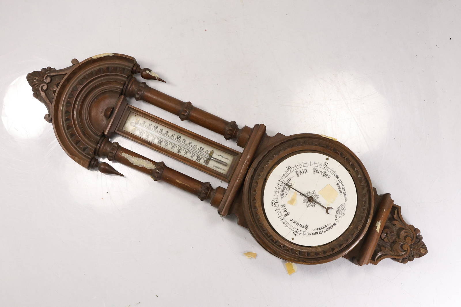 Antique Walnut Case Wall Mount Barometer Thermometer 26 In. Length X 8 ...