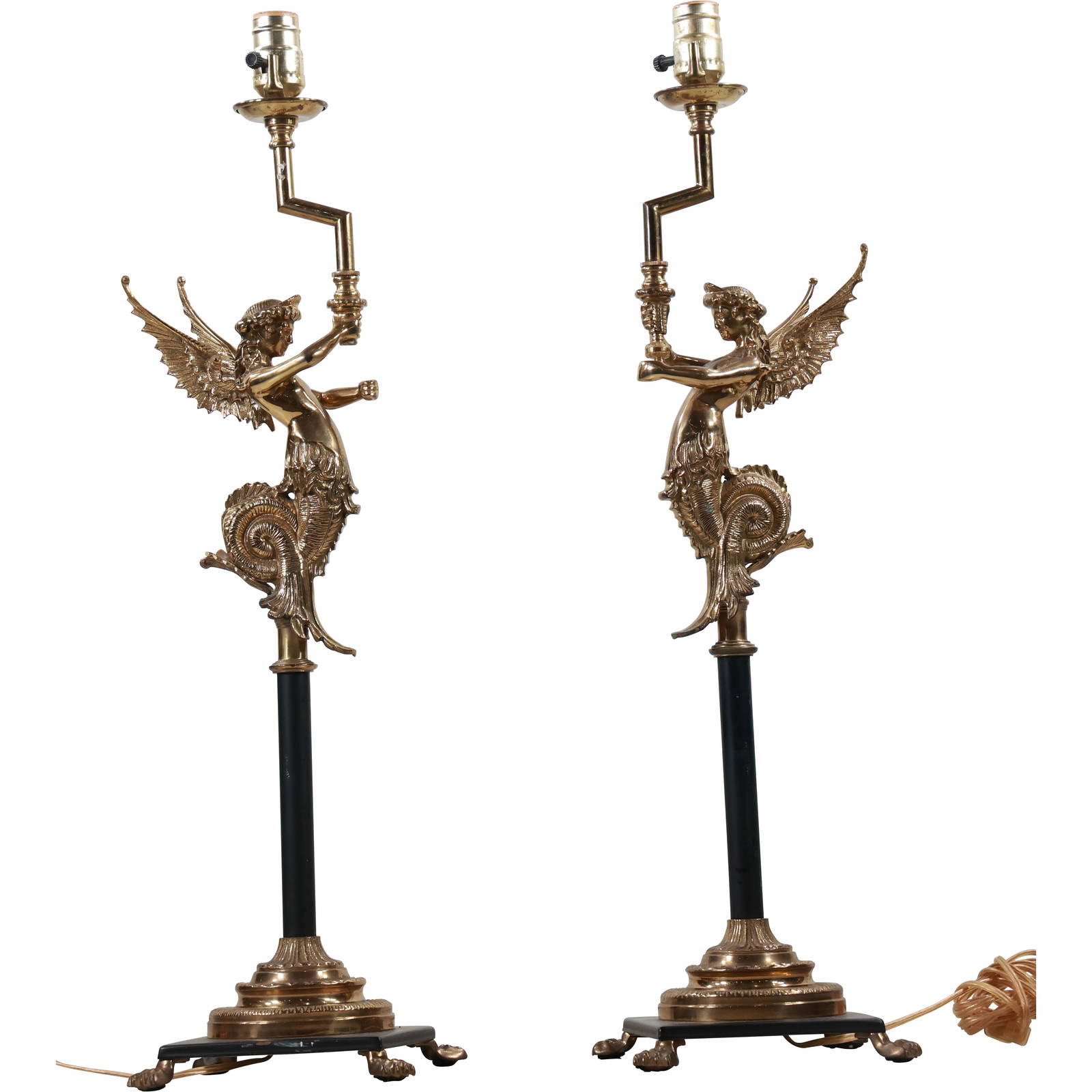 Pair Of Tall Brass Empire Style Table Lamps With Winged Mermaids 28 In ...