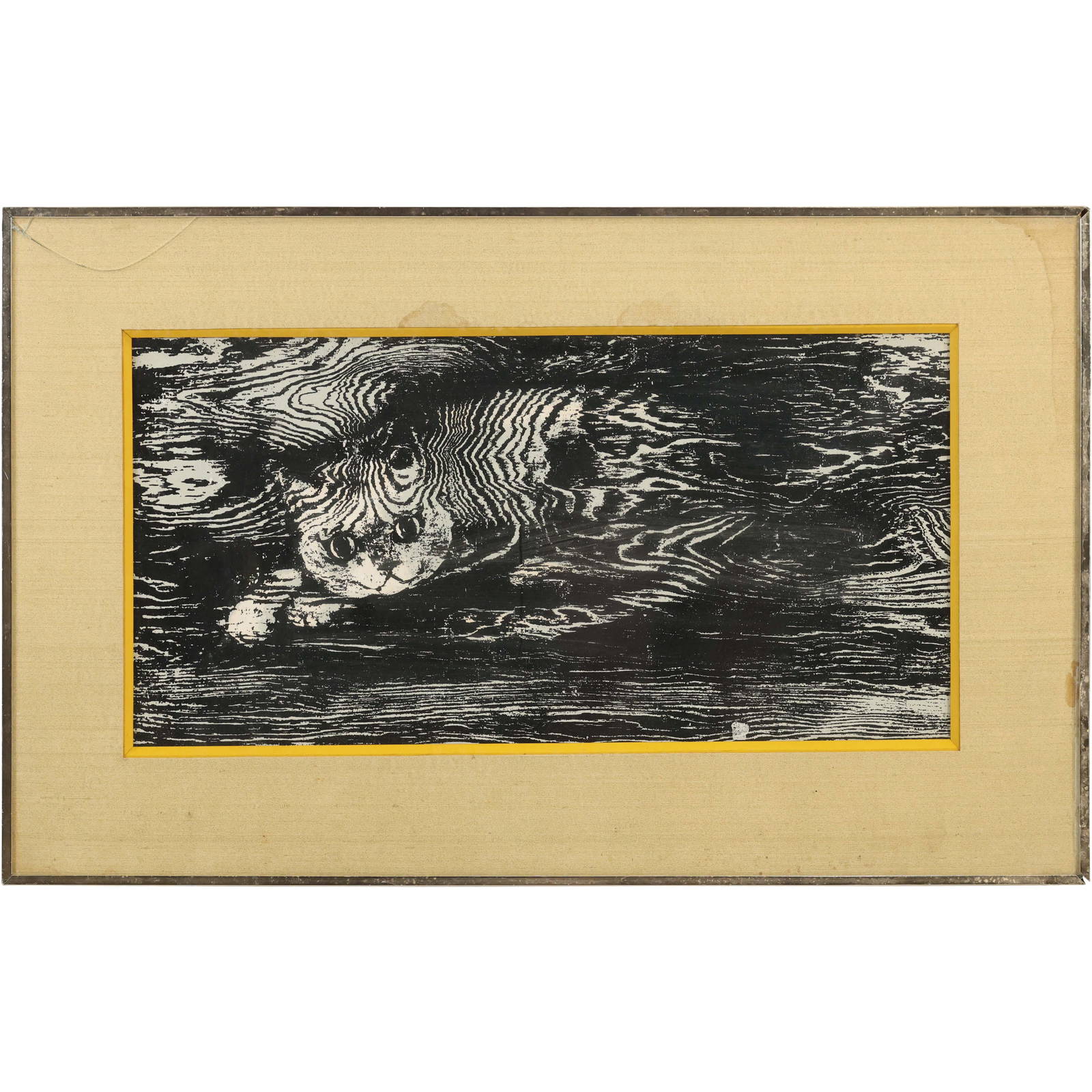 Vintage Framed Woodblock Of A Reclining Cat, Framed, Unsigned, Label On ...