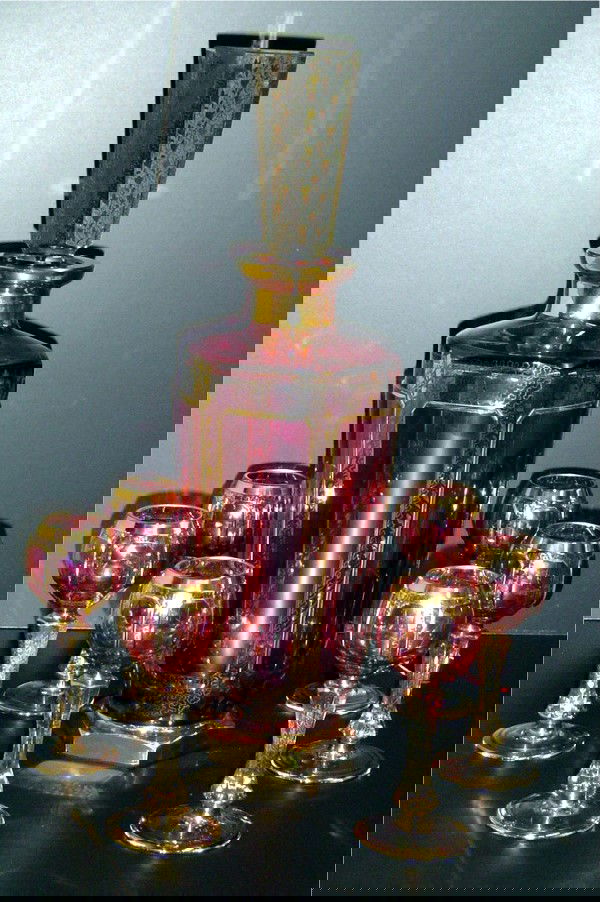 144: BOHEMIAN GLASS CORDIAL SET, 1 DECANTER