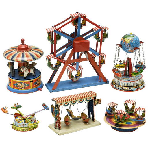 6 Lithographed Tin Toy Fairground Carousels, C. 1950 60