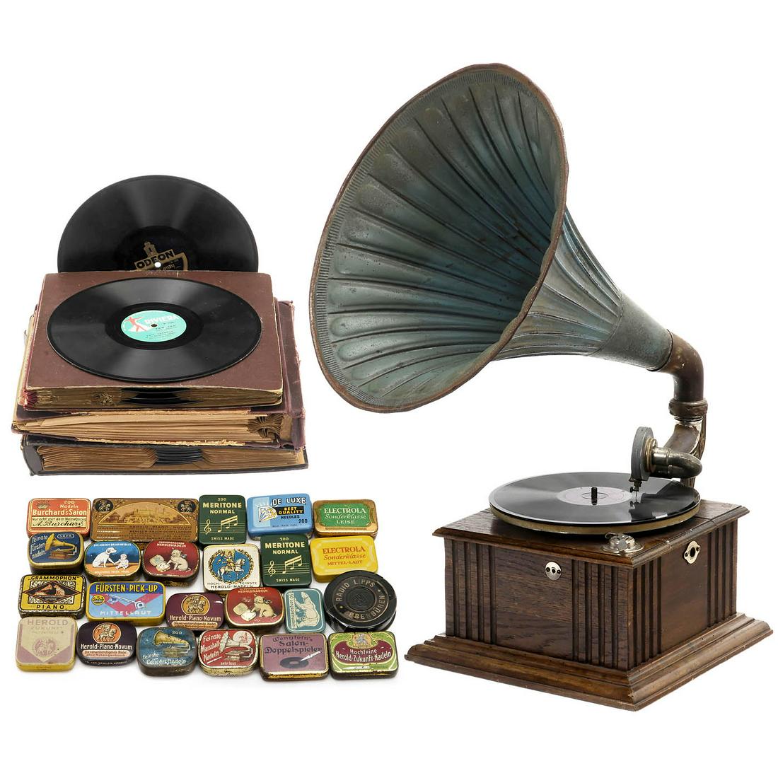 Horn Gramophone, Needle Tins And Shellac Discs