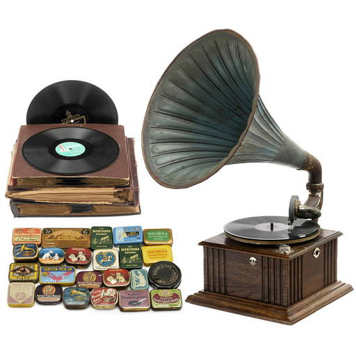 Horn Gramophone, Needle Tins And Shellac Discs