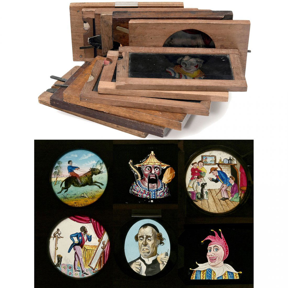 12 Wood-Framed Mechanical Magic Lantern Slides