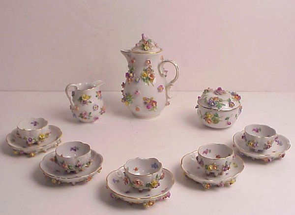 56: Dresden tea set with applied and hand painted flow