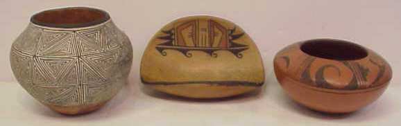 34: ACOMA POTTERY VESSEL, SIGNED, 4"H & 2 UNSIGNED ACOM