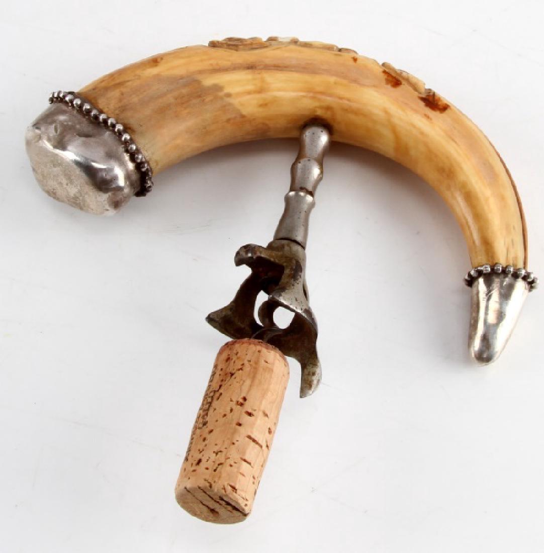 ANTIQUE SCRIMSHAW BOAR TUSK & STERLING CORKSCREW