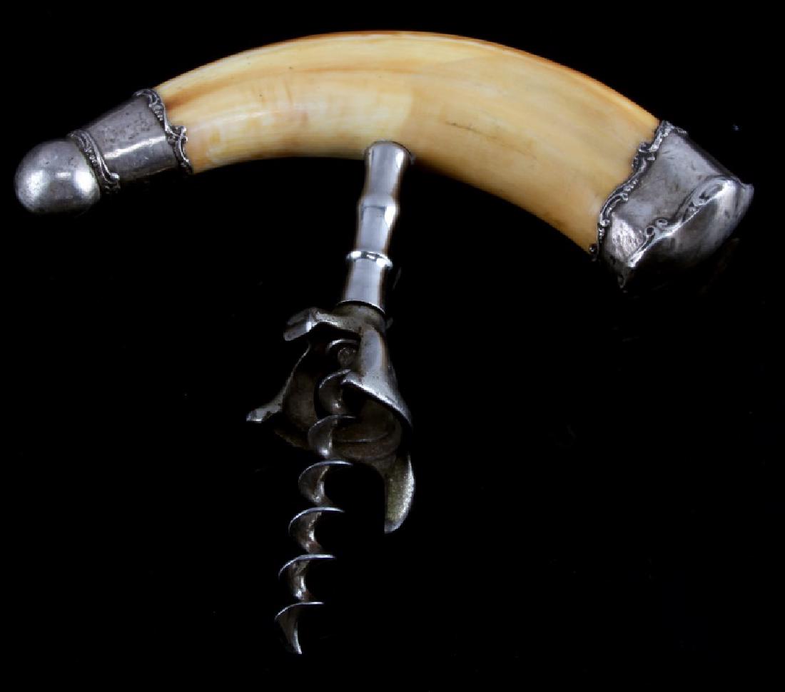 ANTIQUE BOAR TUSK & STERLING CORKSCREW