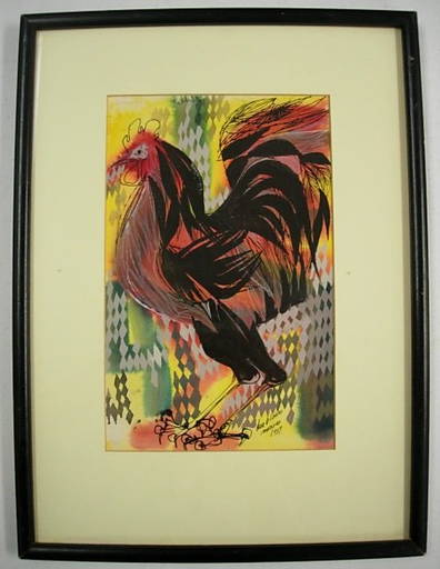 1957 Don Bloom Watercolor Painting Mexico Rooster