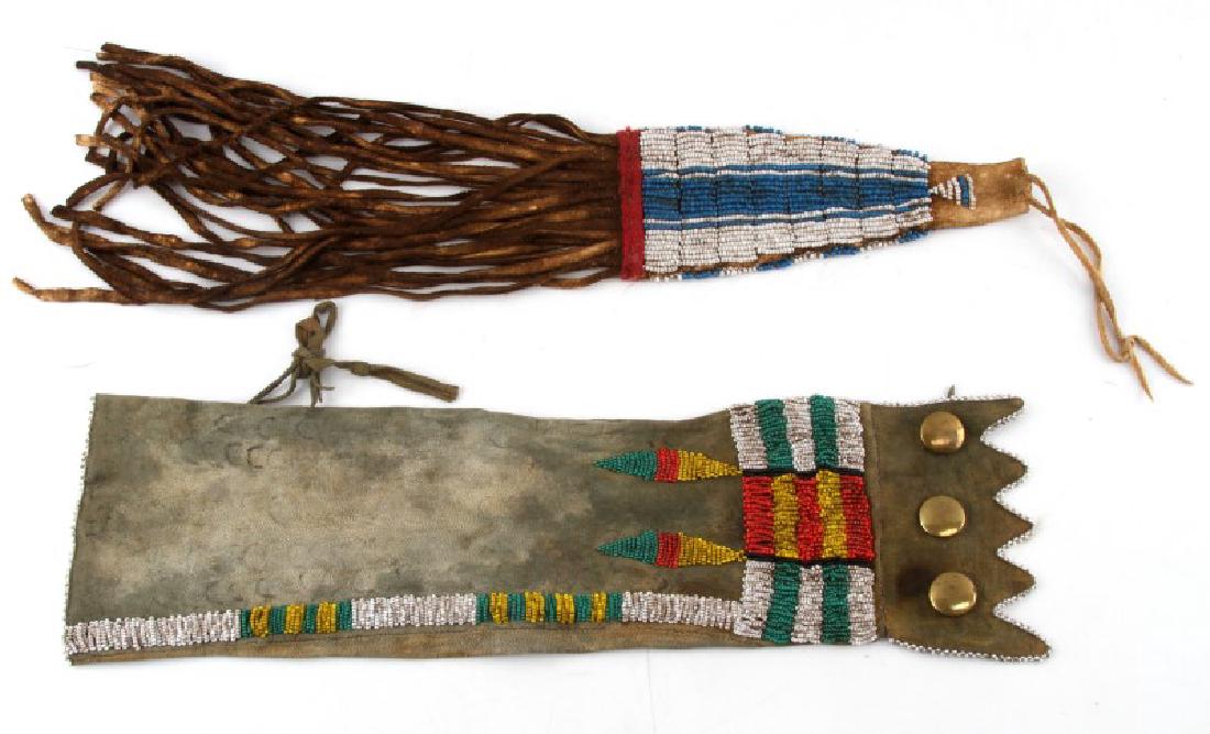NATIVE AMERICAN LEATHER BEADED PIPE BAG & HAWK