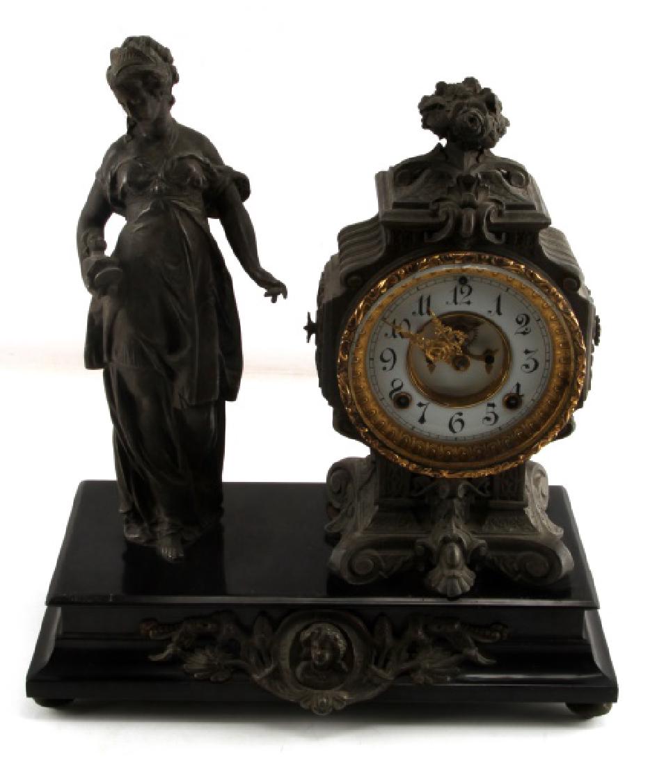 ANTIQUE 1881 ANSONIA BRONZE FIGURAL MANTLE CLOCK