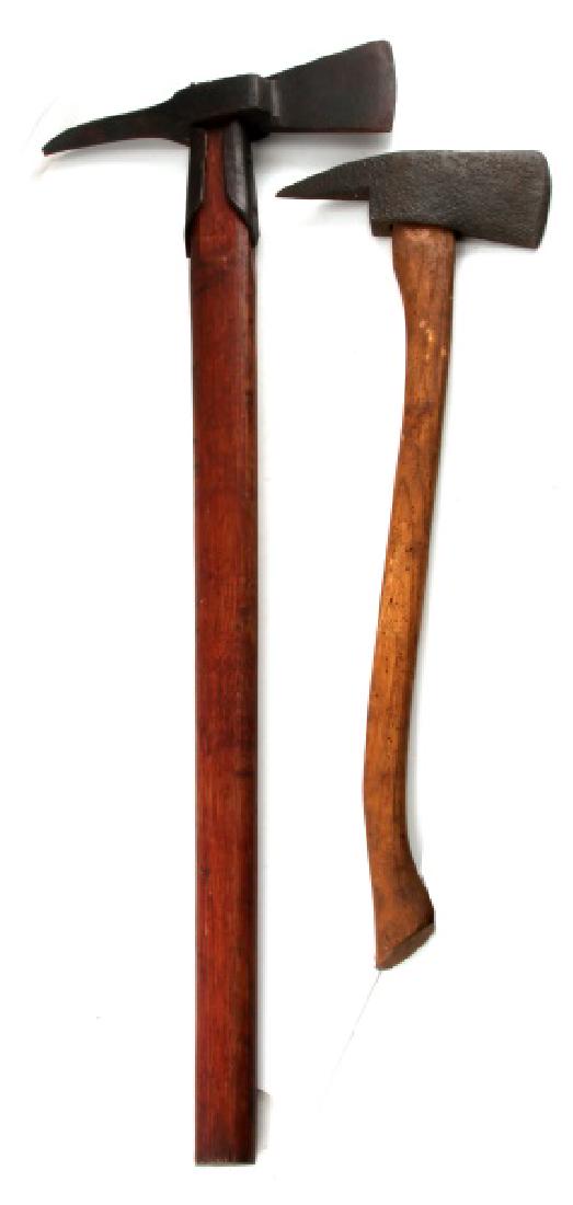 2 ANTIQUE CAST IRON & WOOD FIREMAN AXE LOT