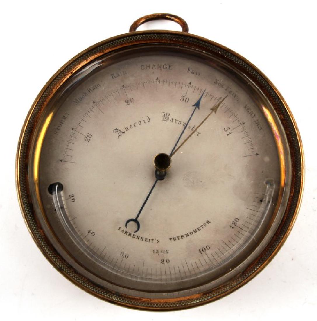 ANTIQUE BRASS ANEROID BAROMETER AND THERMOMETER