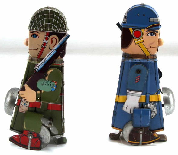 2 Antique Yone Japan Tin Litho Wind Up Toy Soldier