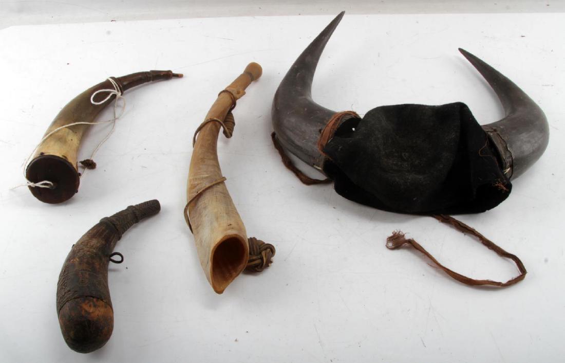 N. AMERICAN BUFFALO HORN HEADDRESS & POWDER HORNS