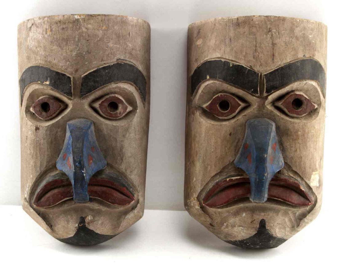ANTIQUE PACIFIC NORTHWEST PAINTED WOODEN MASK PAIR