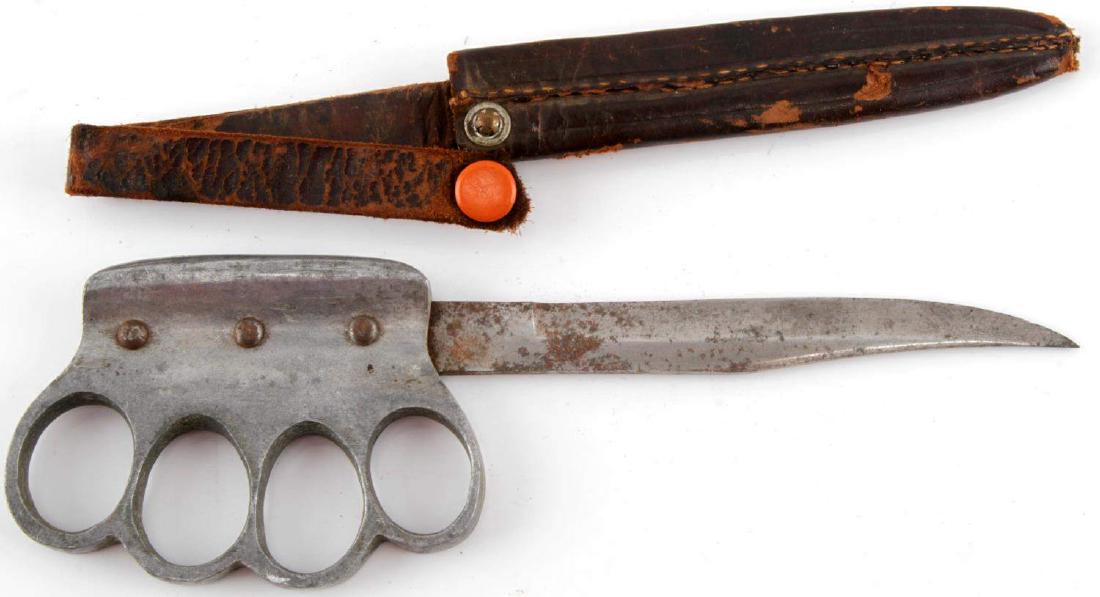 WWI STEEL KNUCKLE DUSTER TRENCH KNIFE W SHEATH