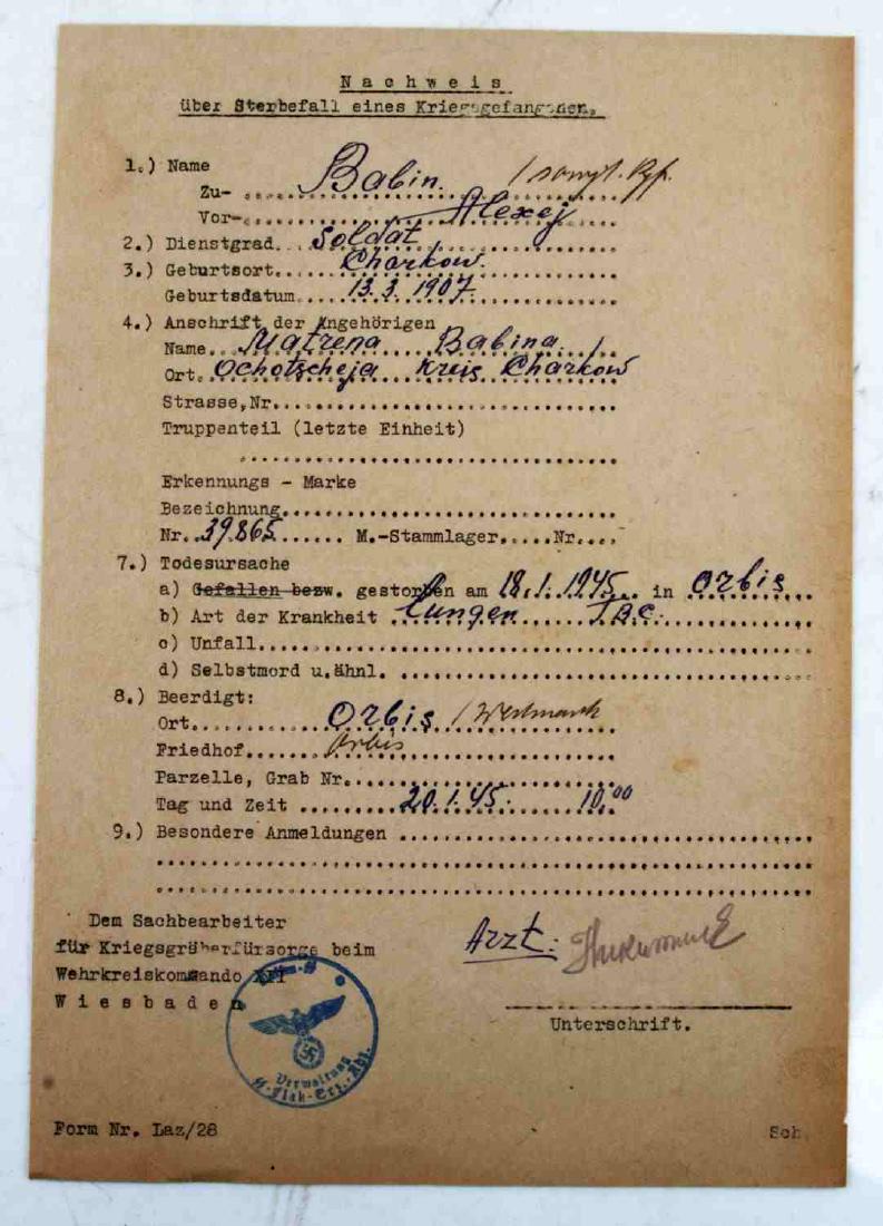 WWII THIRD REICH GERMAN POW DEATH CERTIFICATE
