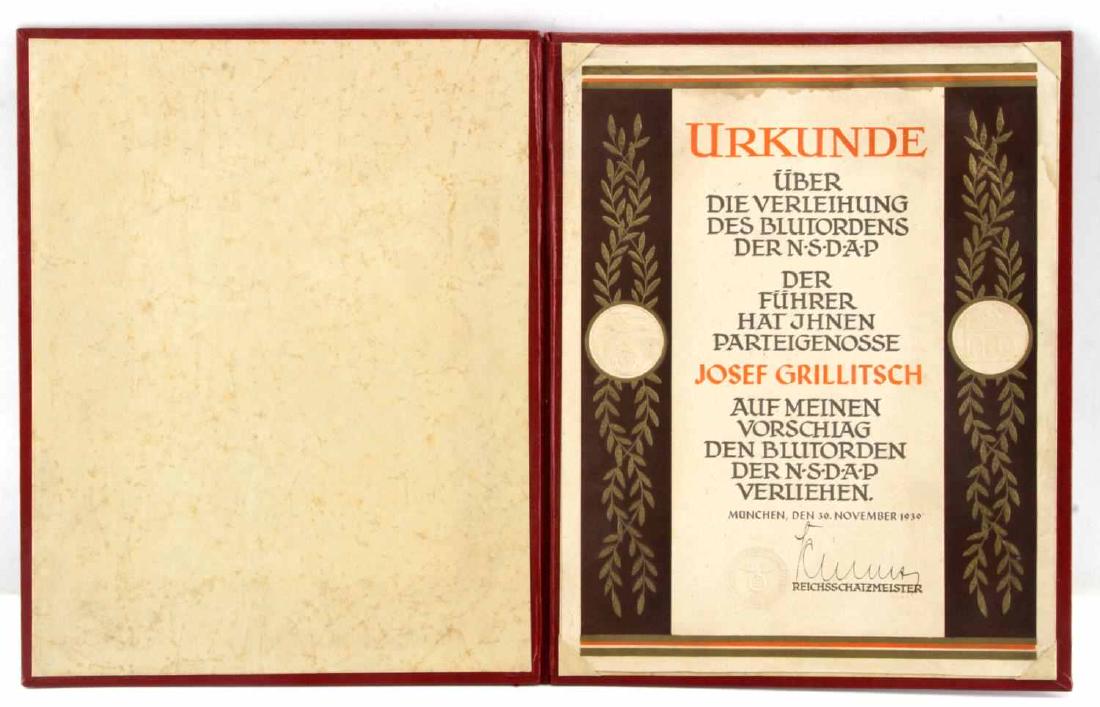 WWII GERMAN ORDER OF THE BLOOD CERTIFICATE 1939