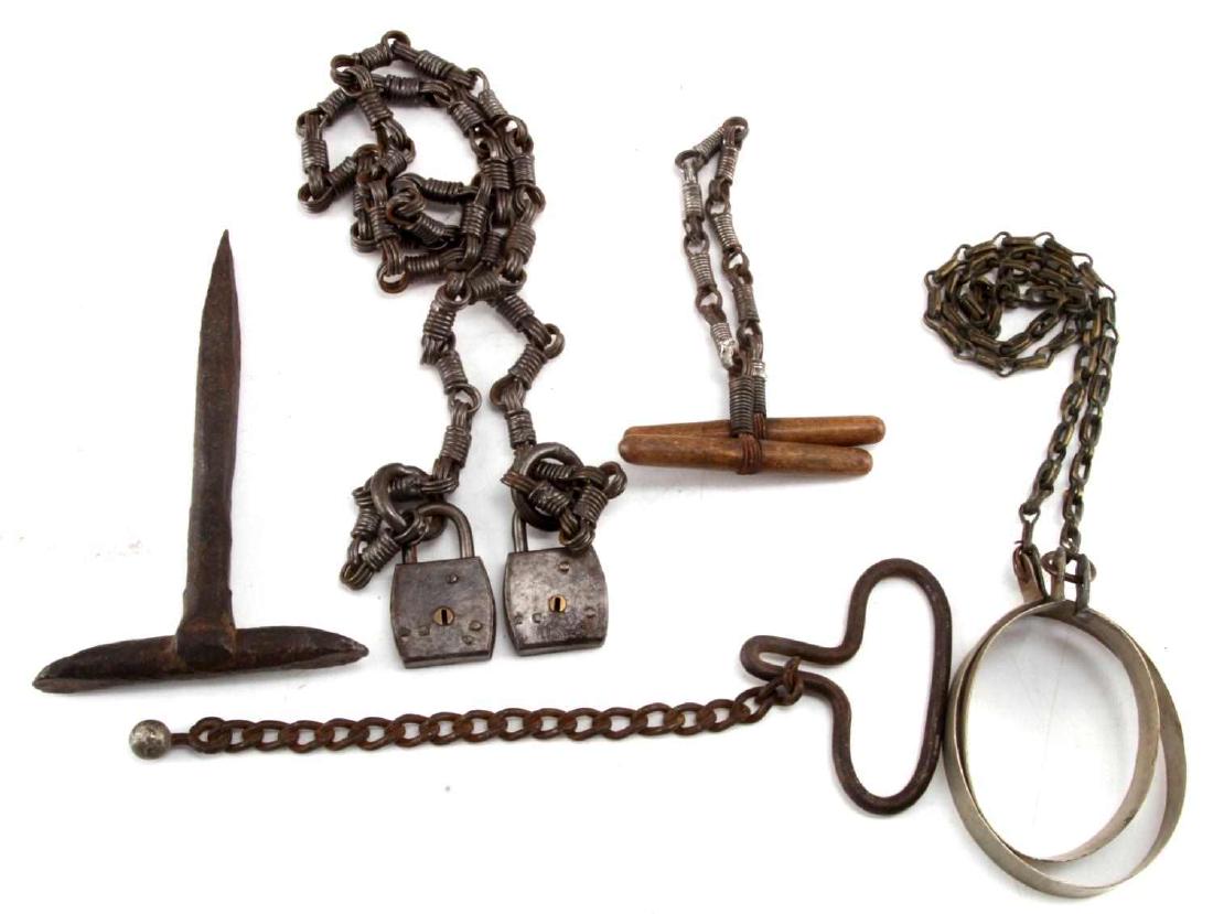 LOT OF ANTIQUE PRIMITIVE LEG SHACKLES CHAIN & LOCK