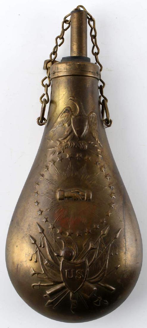ANTIQUE BRASS PEACE POWDER FLASK NO MAKER MARK