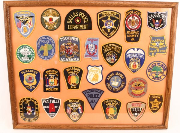 FRAMED POLICE PATCH COLLECTION LOT OF 27