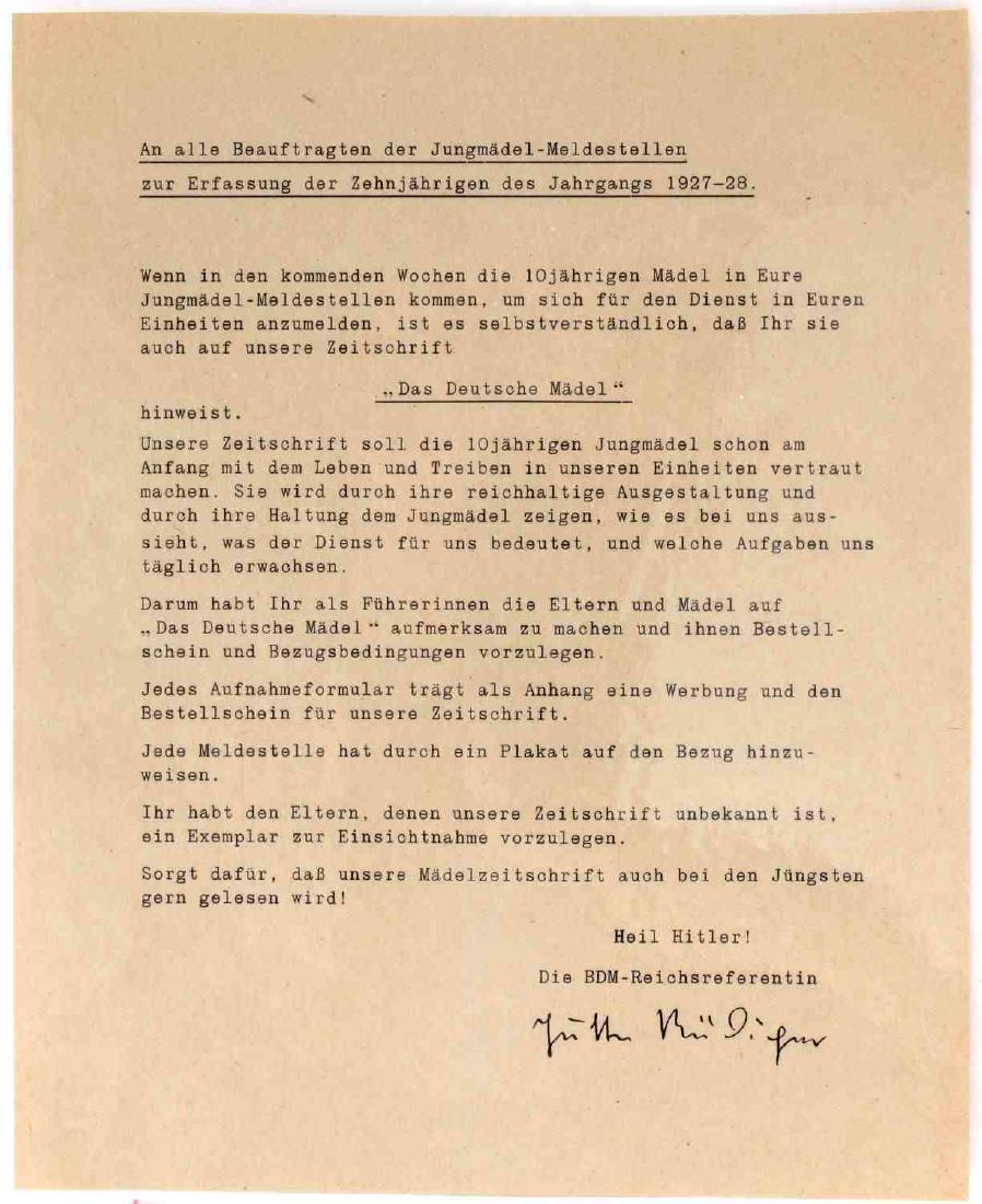 WWII GERMAN DR JUTTA RUDIGER BDM SIGNED LETTER