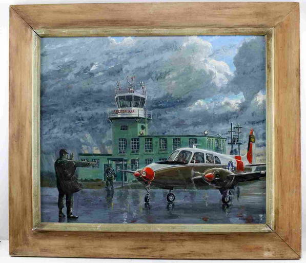 Oil On Canvas Painting Felker Airfield W Plane