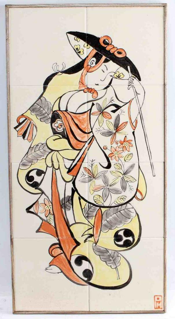 Japanese Porcelain Tile Painting Of Geisha