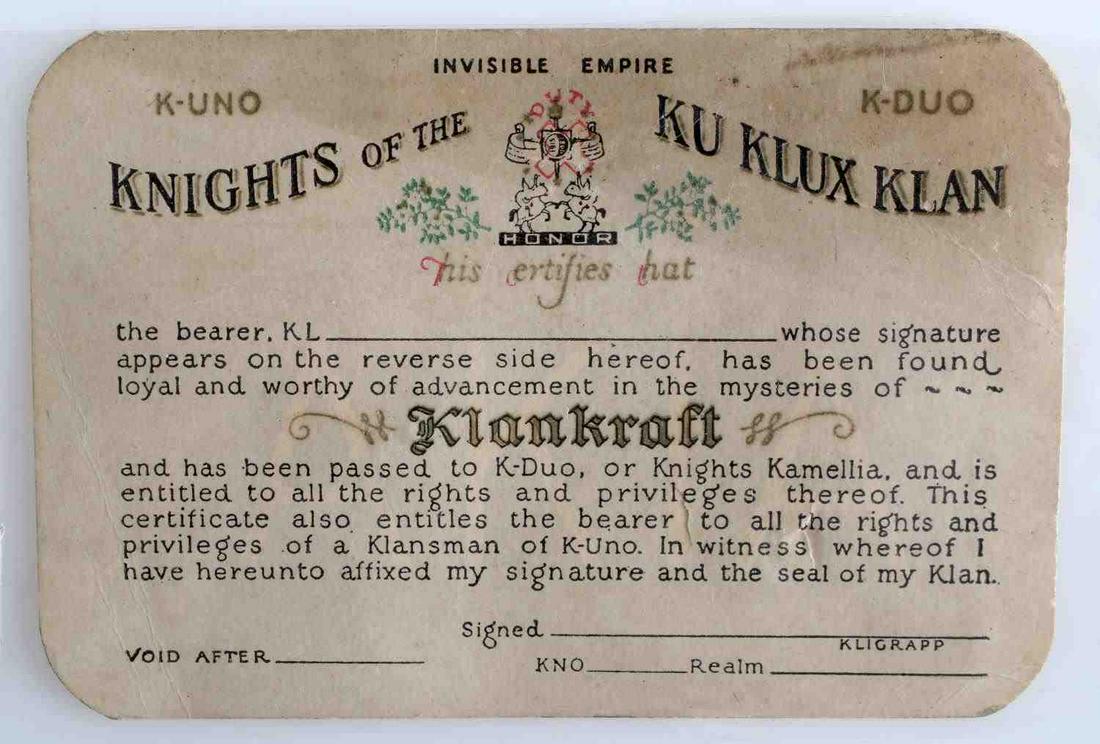 EARLY 1900'S 2ND KKK KU KLUX KLAN ID CARD - Jan 02, 2020 | Affiliated ...