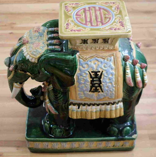 Large Green Ceramic Elephant Plant Stand