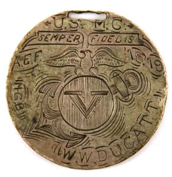 UNIQUE WWI USMC MGB COIN WATCH FOB MEDAL