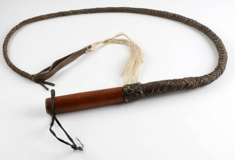 Vintage Braided Leather Whip With Wood Handle