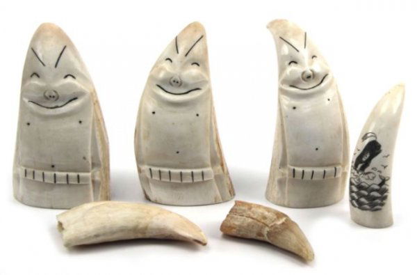 INUIT WHALE TOOTH CARVED FIGURINE LOT 6