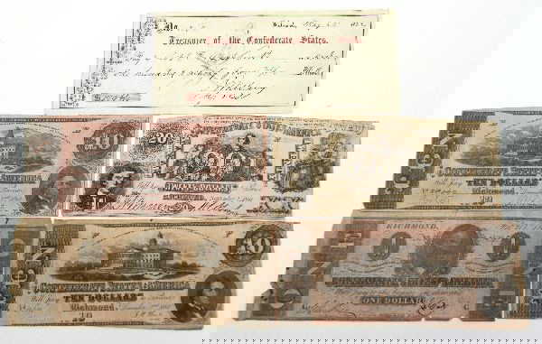 2198: CONFEDERATE CURRENCY LOT OF 4 & A TREASURY CHECK