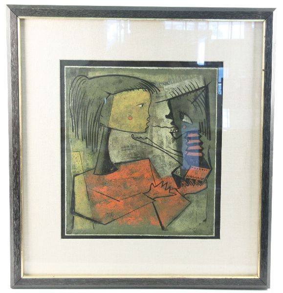 ANGEL BOTELLO GIRL WITH JACK IN BOX LINOCUT