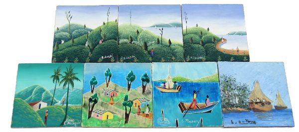 COLLECTION OF 7 HAITIAN PAINTED ARTIST WOOD TILES