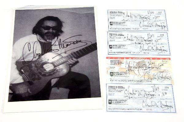 CHARLES MANSON GUITAR PHOTO & BANK CHECKS SIGNED