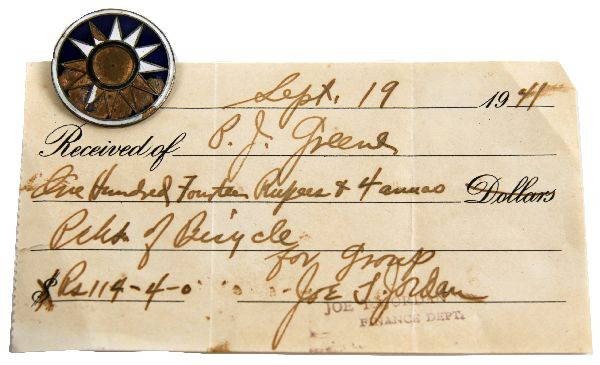Wwii Flying Tiger Pin & Bicycle Purchase Reciept