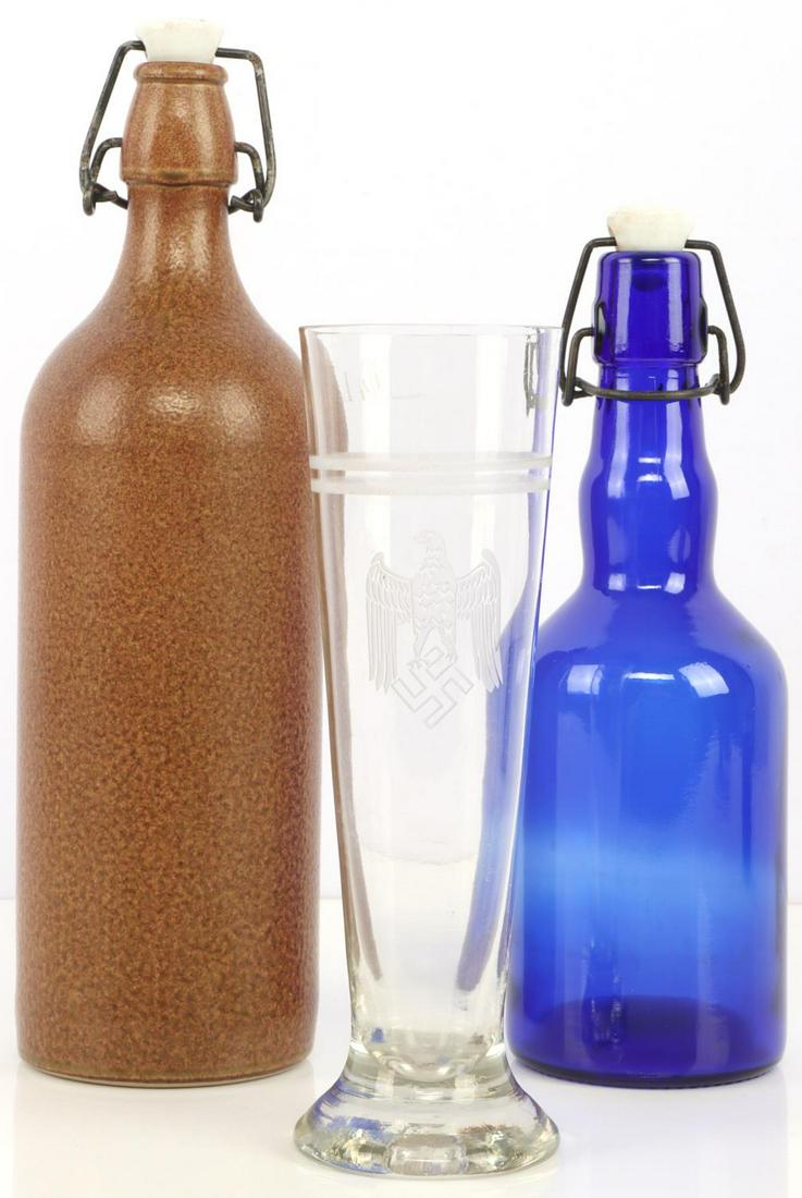 3 Wwii German Ss Beer Bottle And Officer's Glass