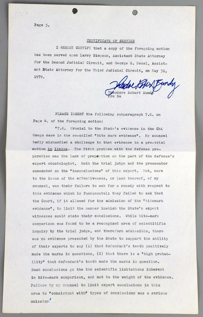 Ted Bundy Signed Court Case Bite Mark Evidence Auction