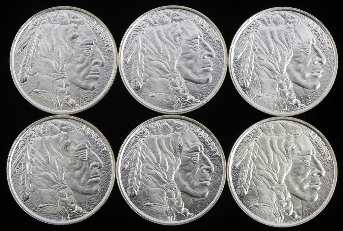 6 .999 Fine 1 Oz Silver Buffalo Rounds