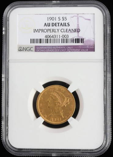1901 S $5 Liberty Head Gold Coin Ncg Au Detail